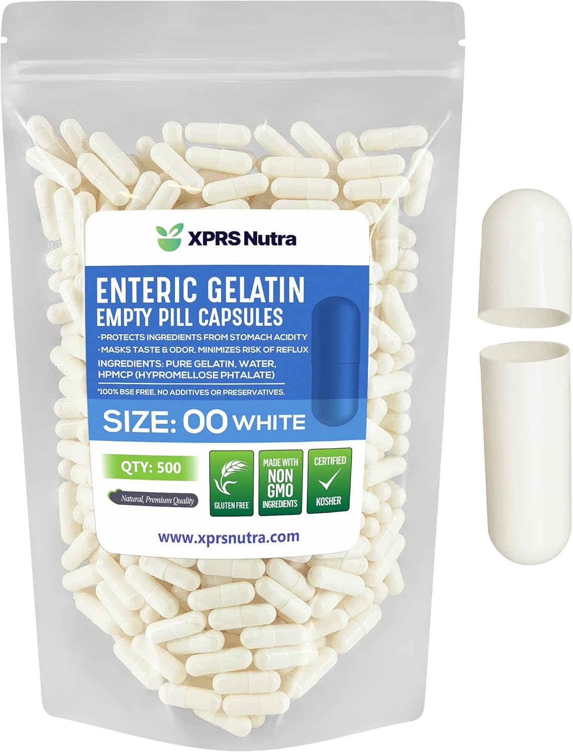 XPRS Nutra Size 00 Empty Capsules - 500 Count White Enteric Coated ...