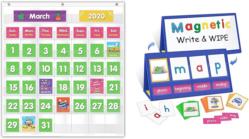 Amazon.com: Calendar Pocket Chart Set & CVC Word Building Pocket Chart ...