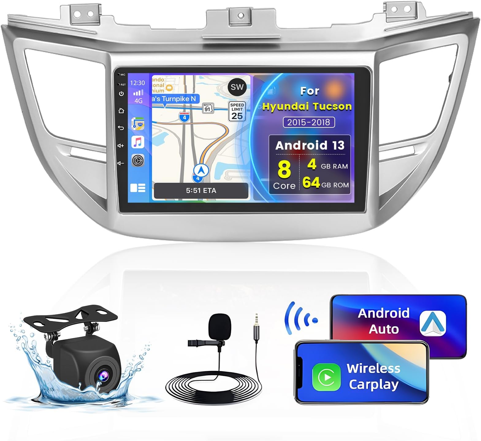 Amazon.com: Roinvou 8 Cores 4+64G Android Car Radio for Hyundai Tucson ...