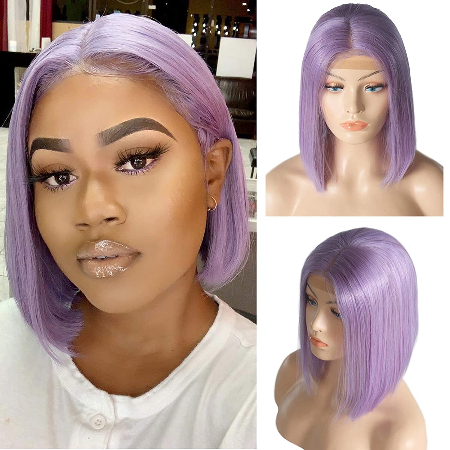 16 Inch Lilac Bob Wigs Silky Straight Glueless 13x1x4 Swiss Lace T Part ...