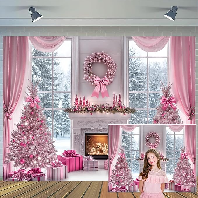 Amazon.com : 7x5ft Pink Christmas Backdrop Winter Snow Scene Pink Xmas ...