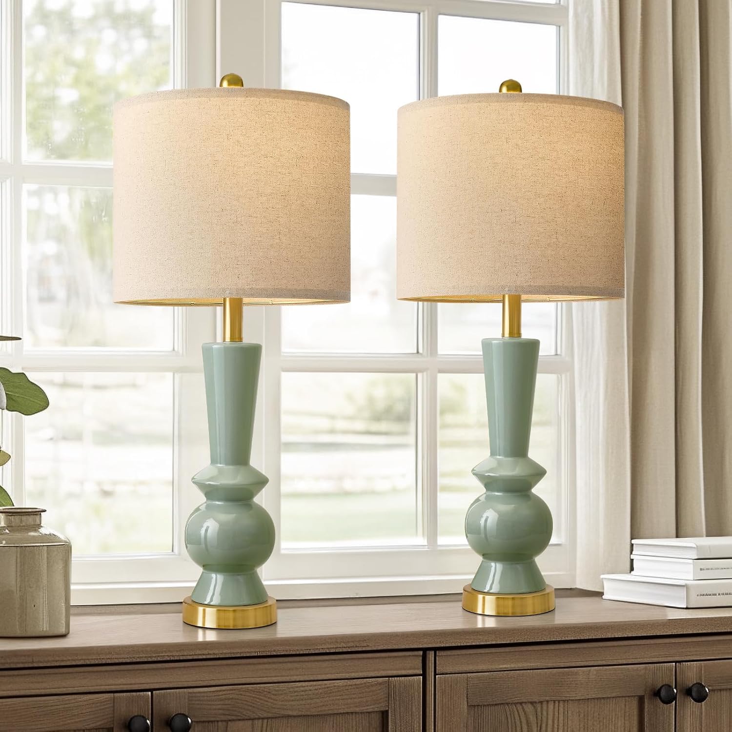 PORTRES 27" Modern Ceramic Table Lamp Set of 2 for Living Room Green ...