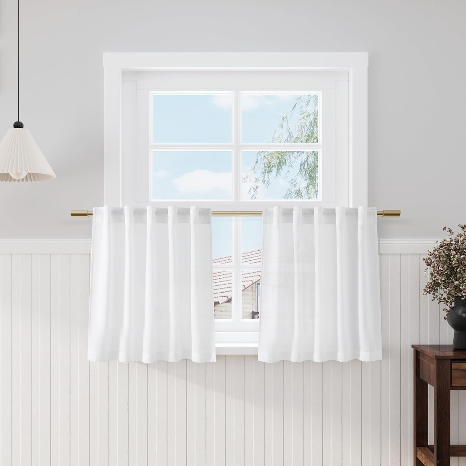 Amazon.com: Nanspring White Linen Cafe Curtains 24 Inch Length 2 Panels ...