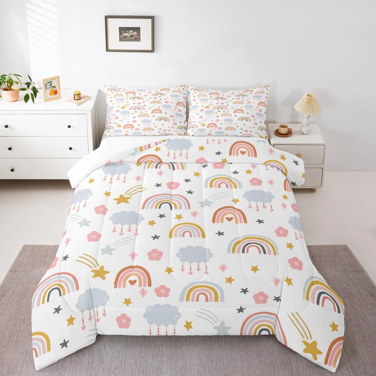 Amazon.com: jejeloiu Girls Rainbow Comforter Twin Size Cartoon Rainbow ...
