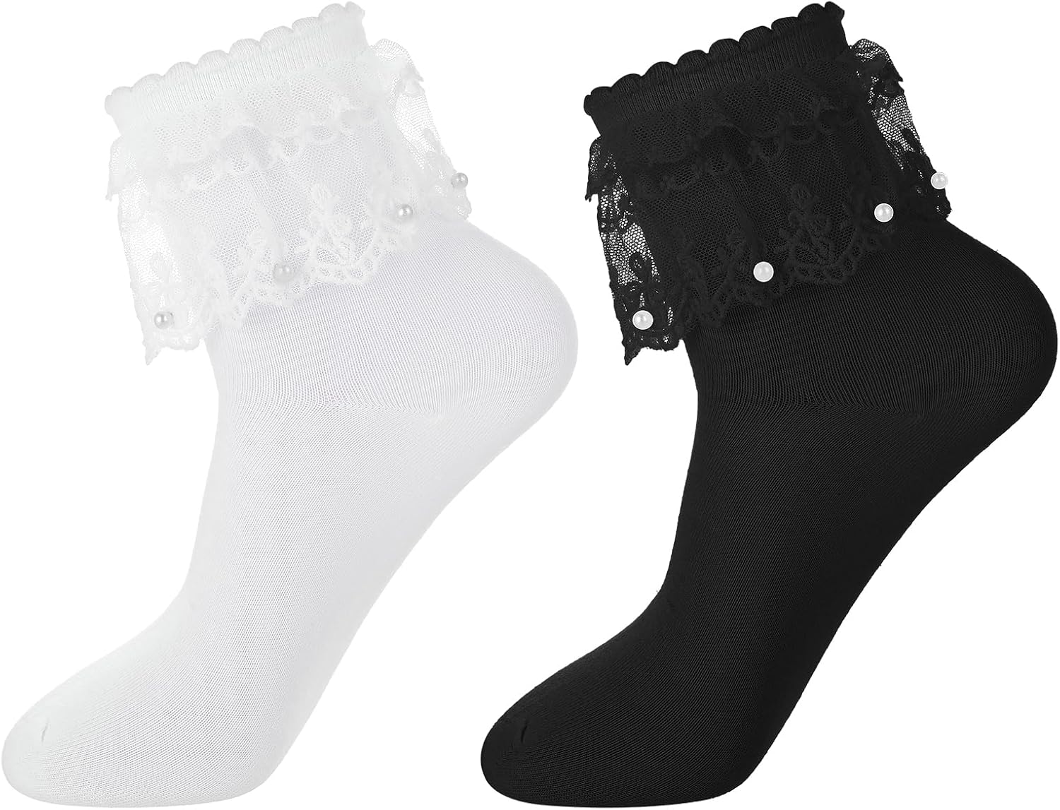 Amazon.com: Yolev Lace Ruffle Frilly Socks for Women, Pearl Lace Ankle ...