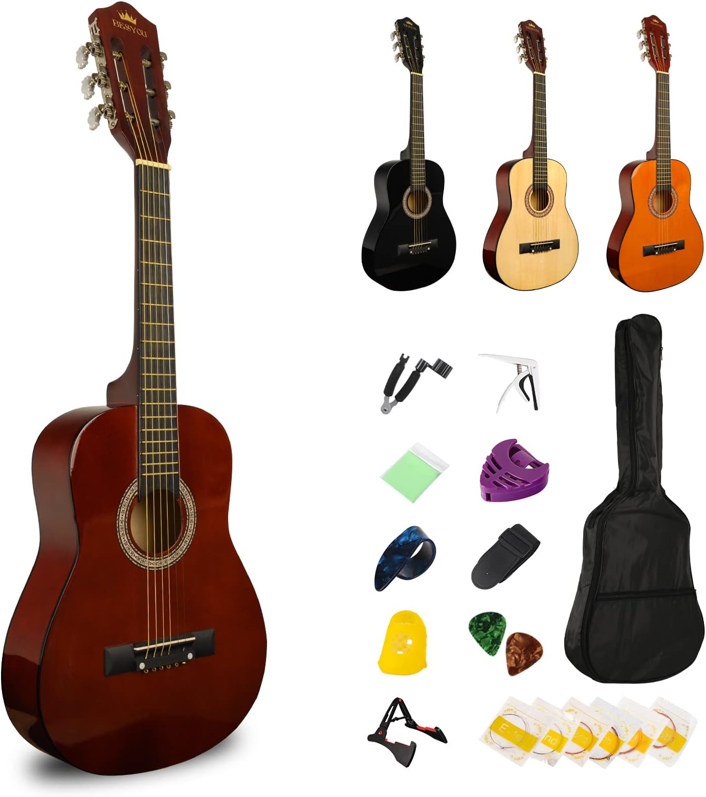 Amazon.com: BESYOU 30in Beginner All Wood Classical Guitar Starter Kit ...