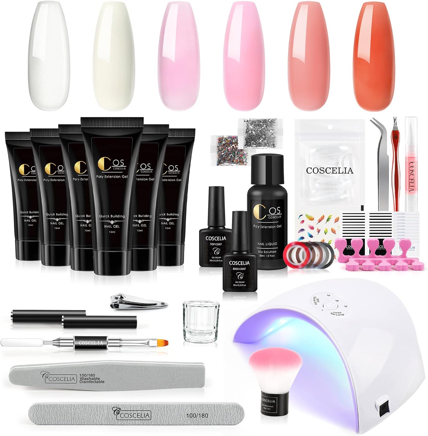 COSCELIA Poly Nail Gel Kit with U V Light for Beginners 6 Colors Poly ...