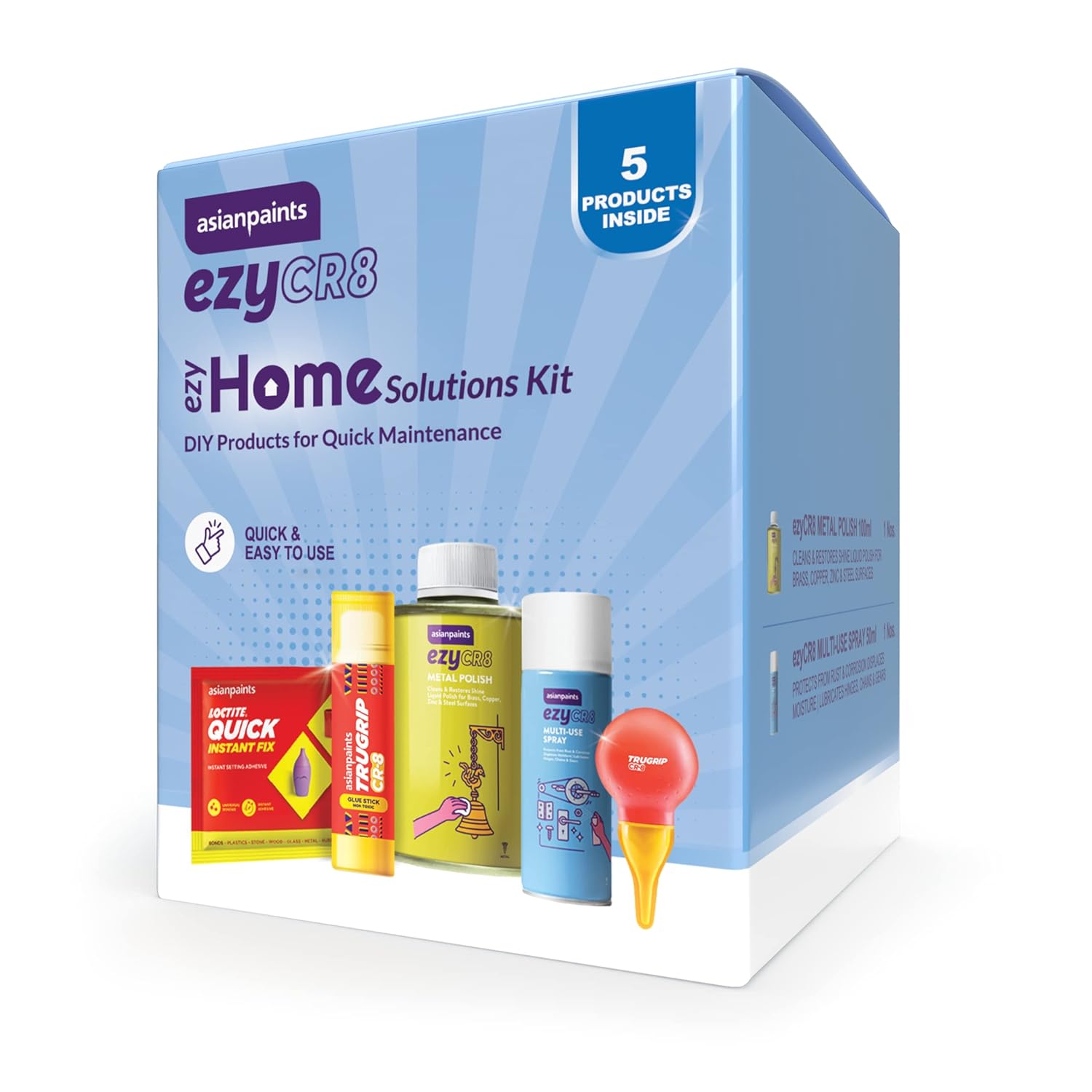 Asian Paints ezyCR8 ezy Home Solutions Kit containing 5 DIY Products for Quick Home Maintenance ...