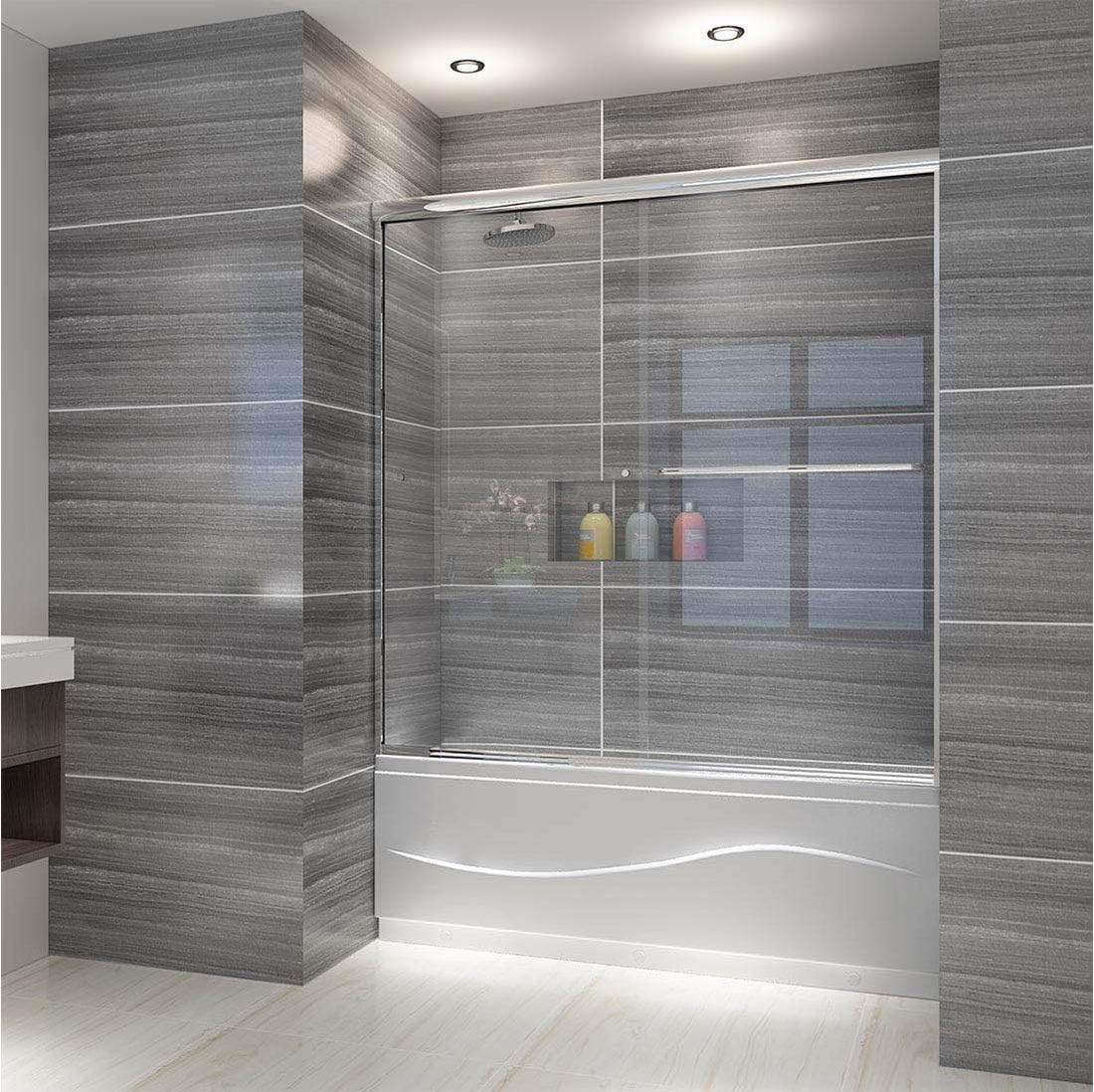 SUNNY Frameless Shower Door Double Sliding Shower Doors 60" W x 72" Shower Enclosure in Chrome ...