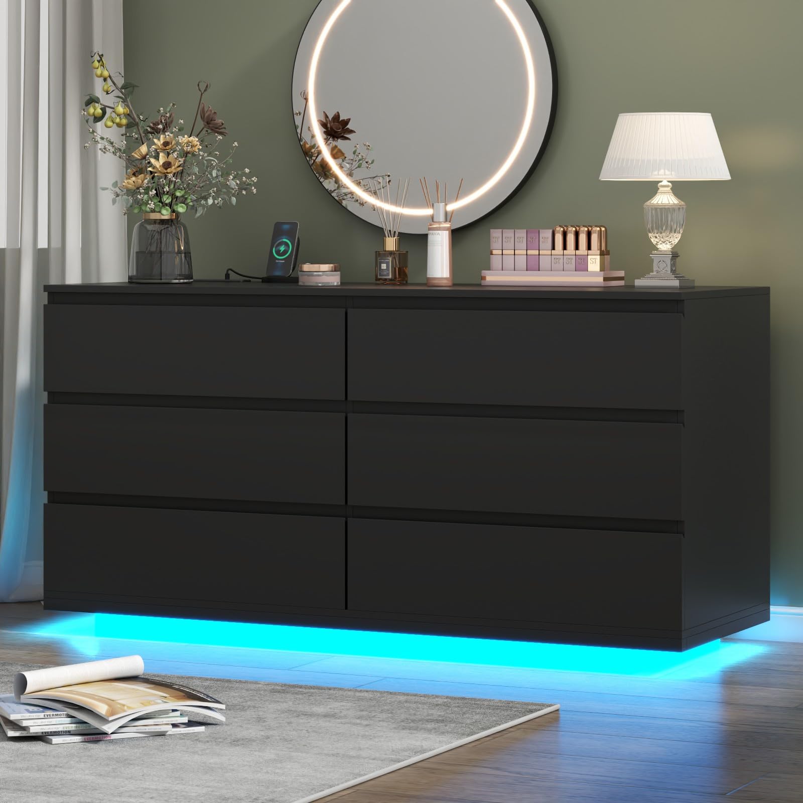 Amazon.com: Gyfimoie 6 Drawer Dresser with Power Outlet, Floating White ...