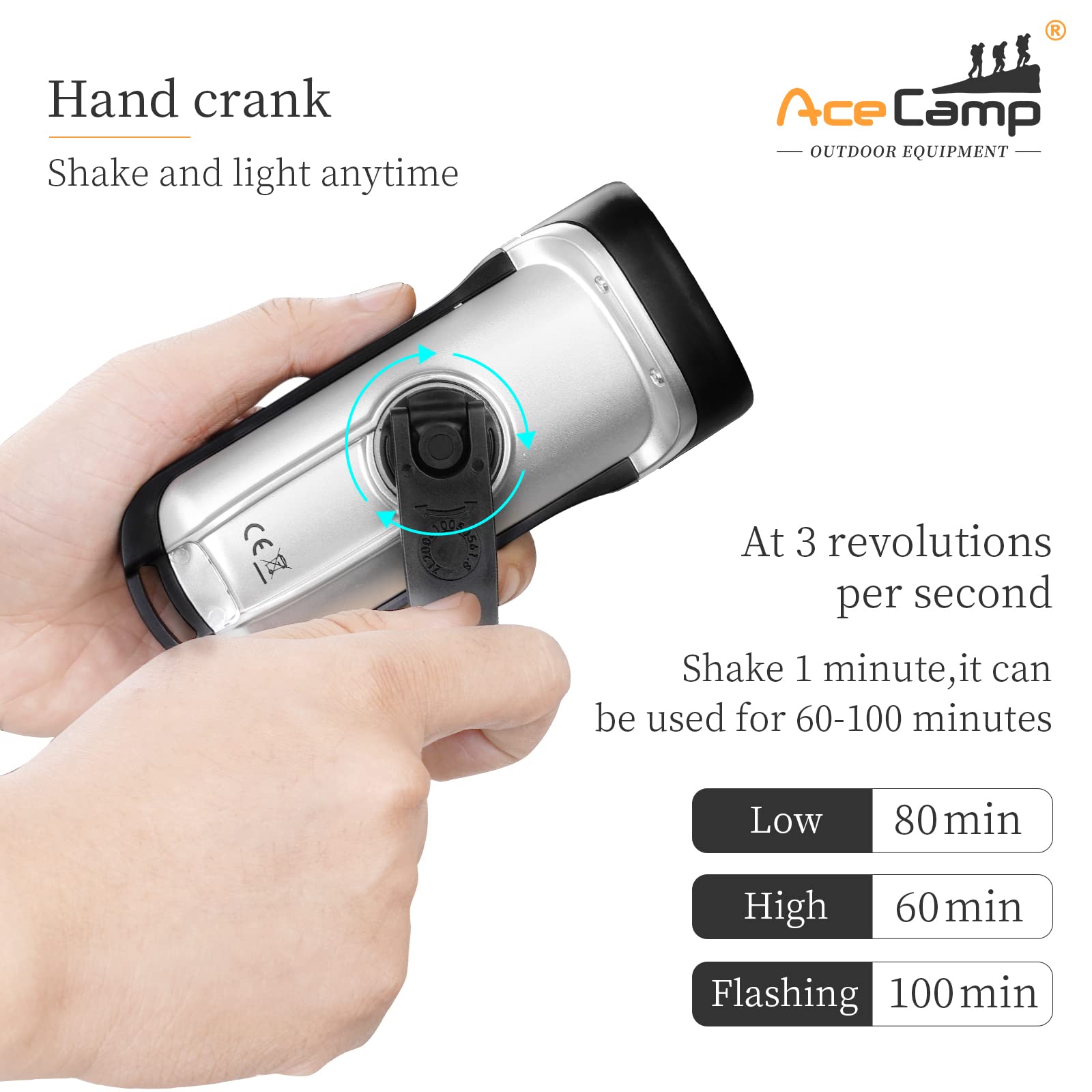 Snapklik.com : AceCamp Flashlight Hand Crank Solar Powered
