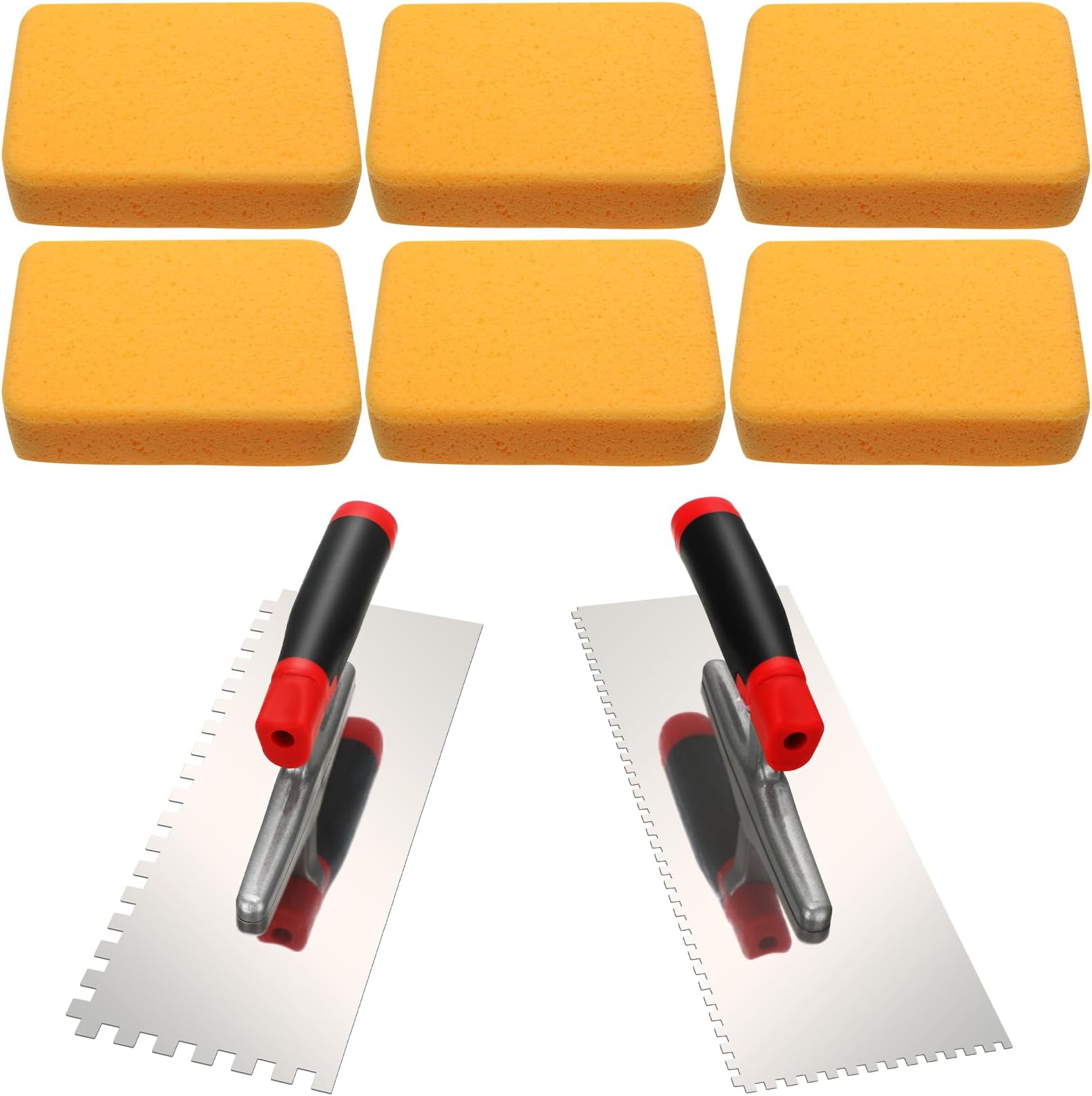 Leriton 2 Pcs Tile Tools with 6 Pcs Grouting Sponge Stainless Steel Square Notch Trowel Set with ...