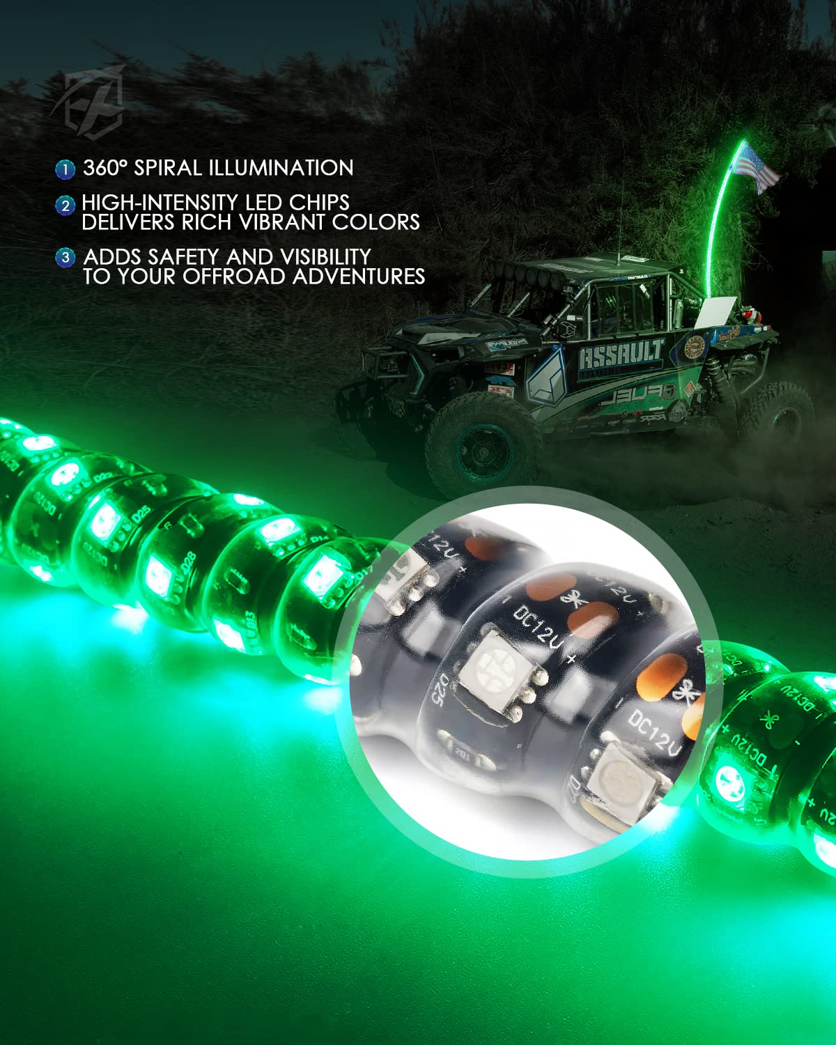 Snapklik.com : 2PC 5 FT Green LED Spiral Whip Lights, w/American Flag ...