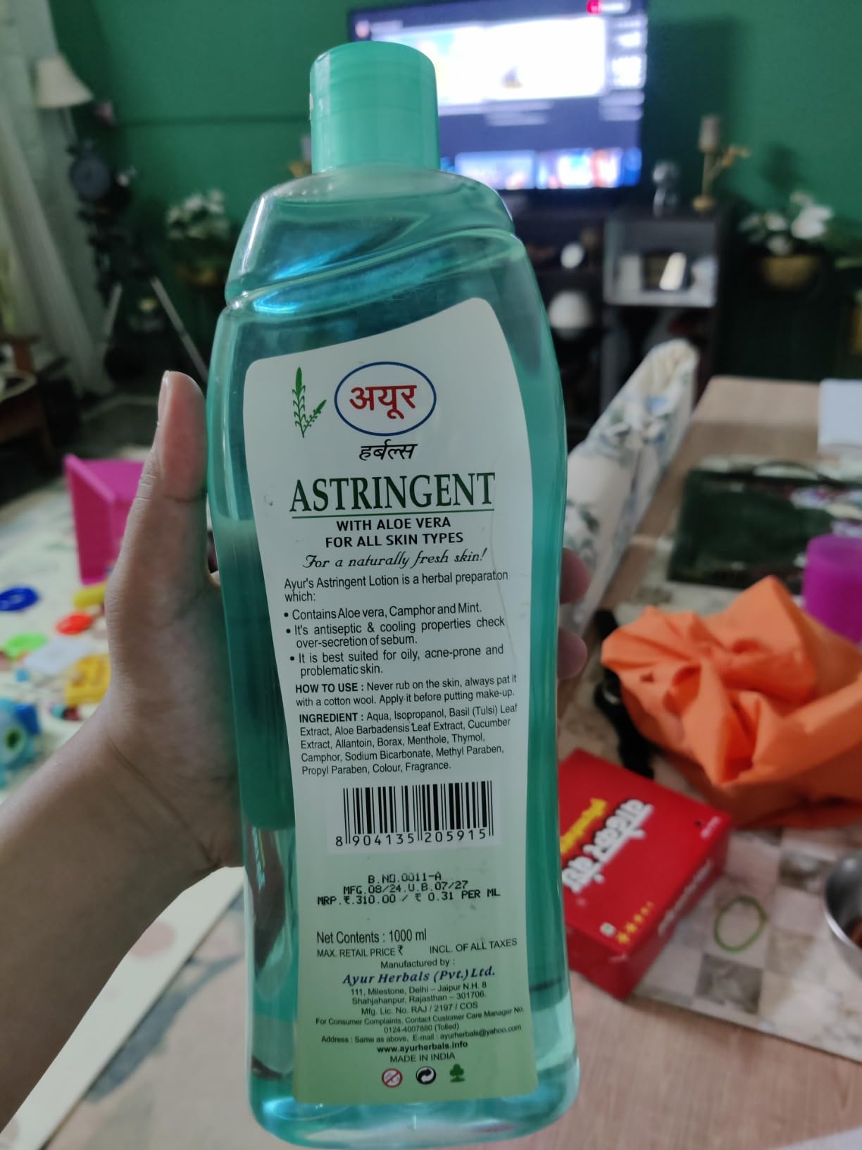 Buy Ayur Herbal Astringent With Aloe Vera Liquid, 1000Ml (For All Skin ...