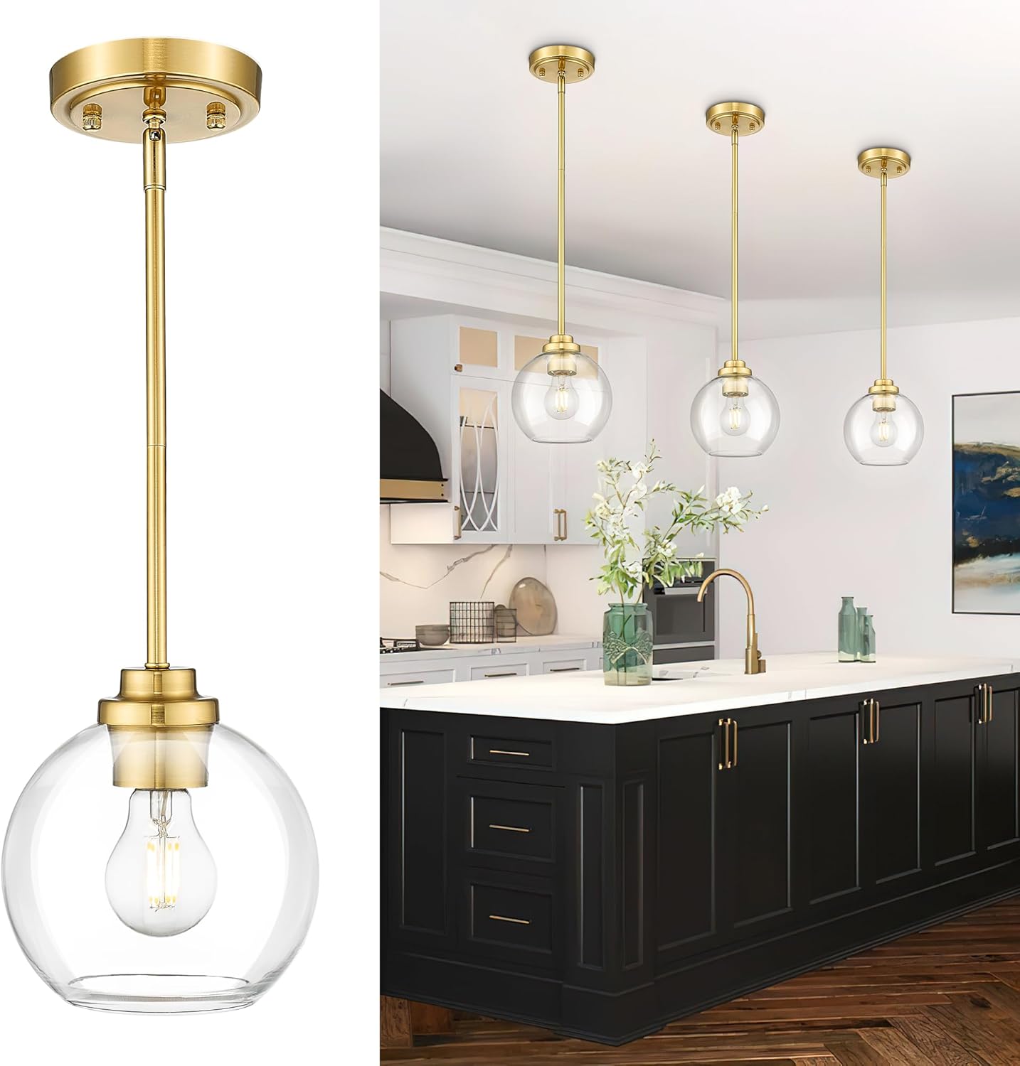 JAZAVA Modern Brushed Gold Pendant Light, Mid Cenrury Globe Hanging ...