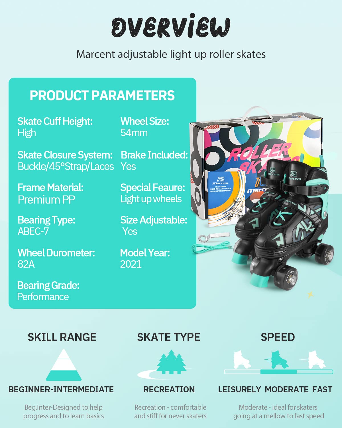 MARCENT Adjustable Roller Skates for Girls and Boys, Light up Roller ...