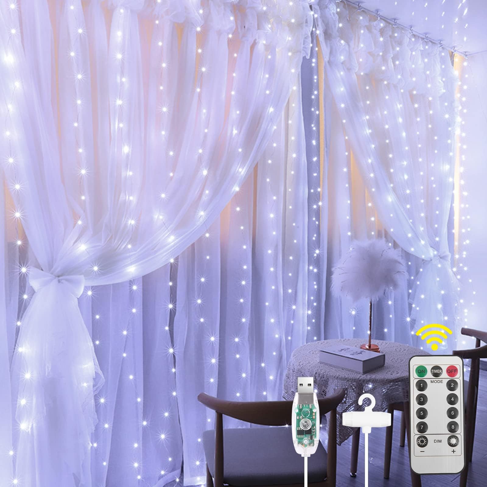 Amazon.com: AOMIG Fairy Curtain Lights,300 LED White Window Curtain ...
