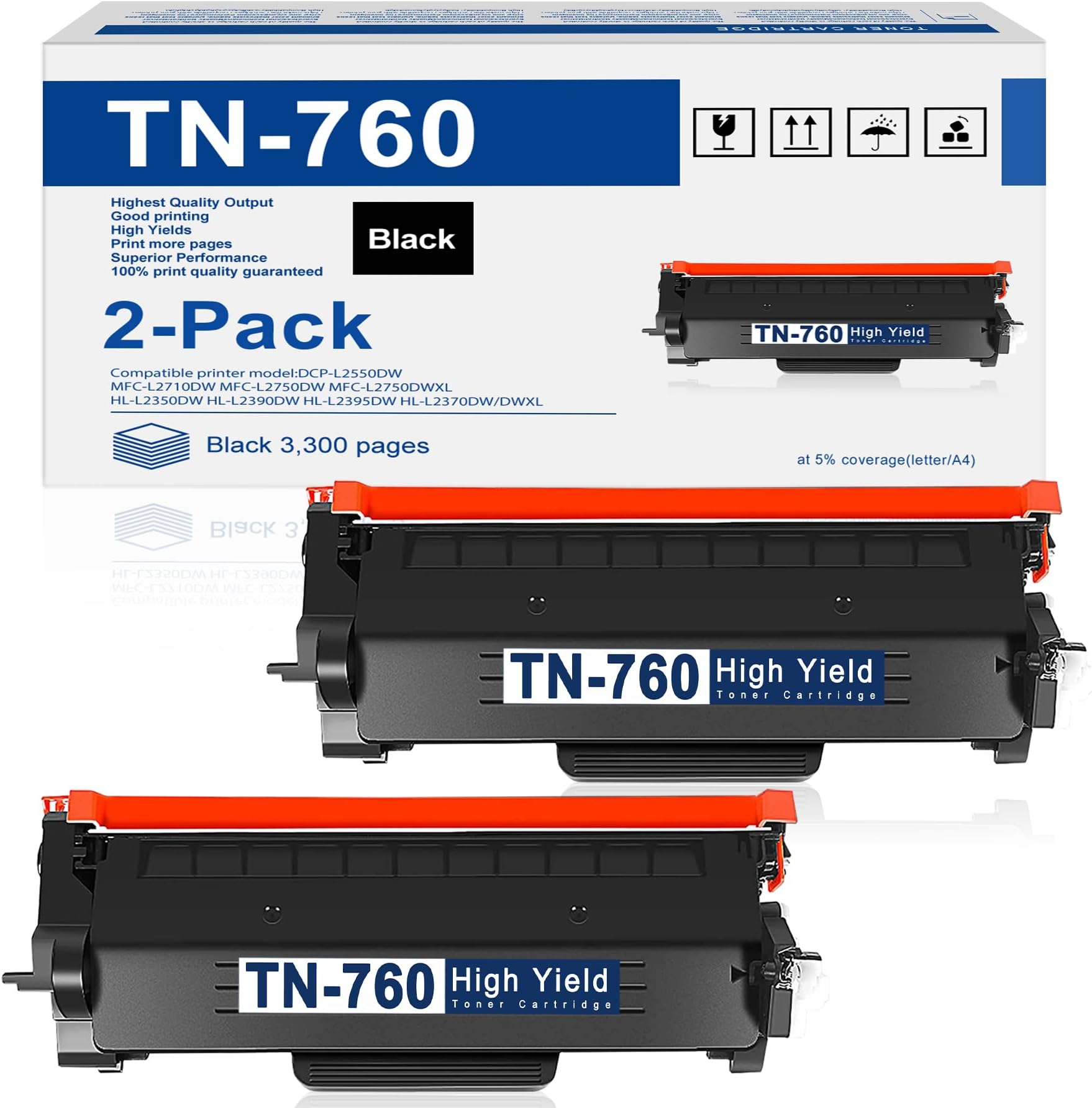 TN-760 TN760 Toner Cartridge with Chip 2 Pack High Yield Replacement ...