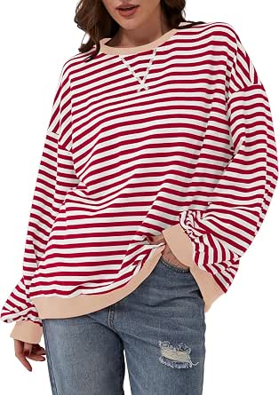 Amazon.com: WFIAOUESS Womens Oversized Striped Sweatshirt,Color Block ...