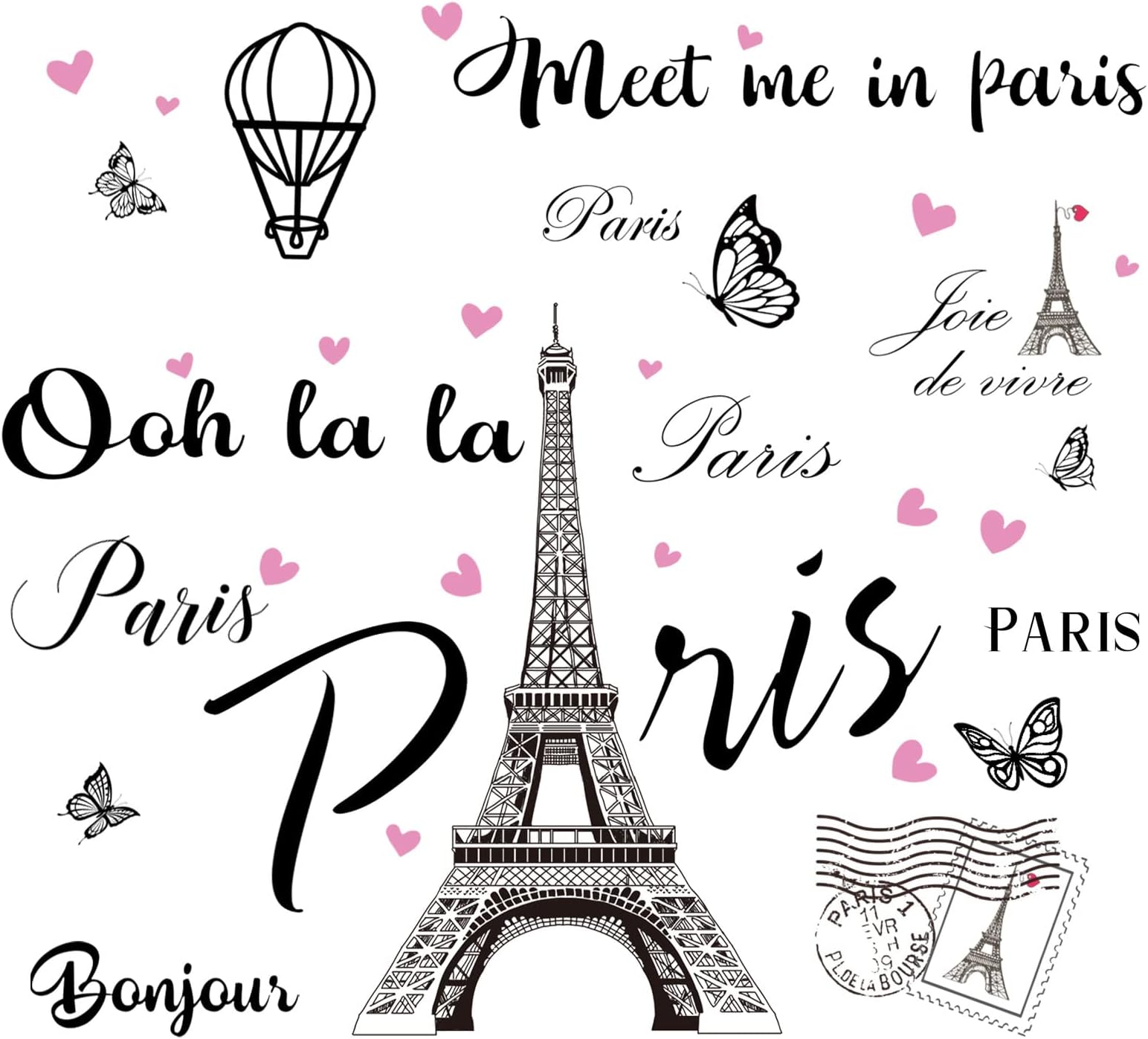 Amazon.com: Pink Paris Wall Stickers Bicycle Hot Air Balloon Eiffel ...