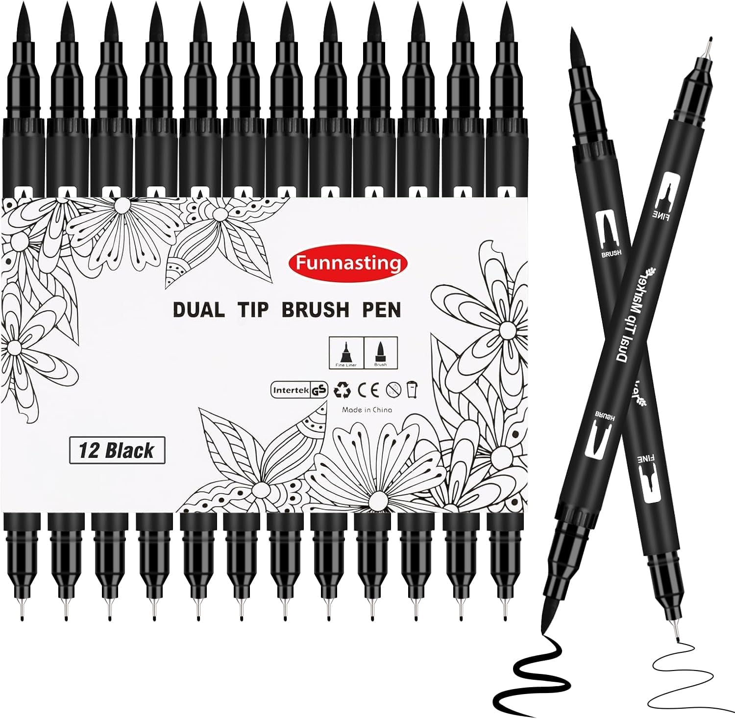 Funnasting Felt Tip Pens, 12 Pack Black Markers Colouring Pens, Dual ...