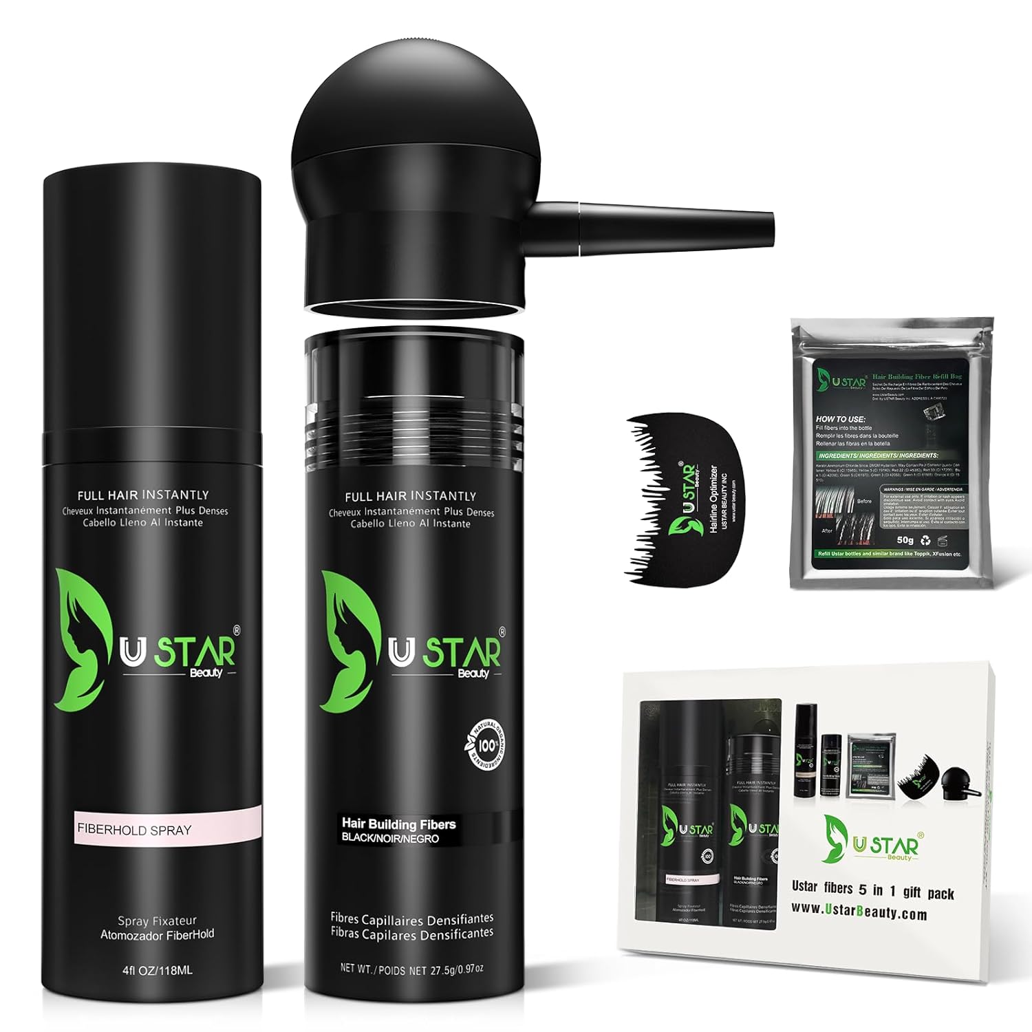 Amazon.com: Hair Building Fibers Set, USTAR 5 in 1 Hair Fibers for ...