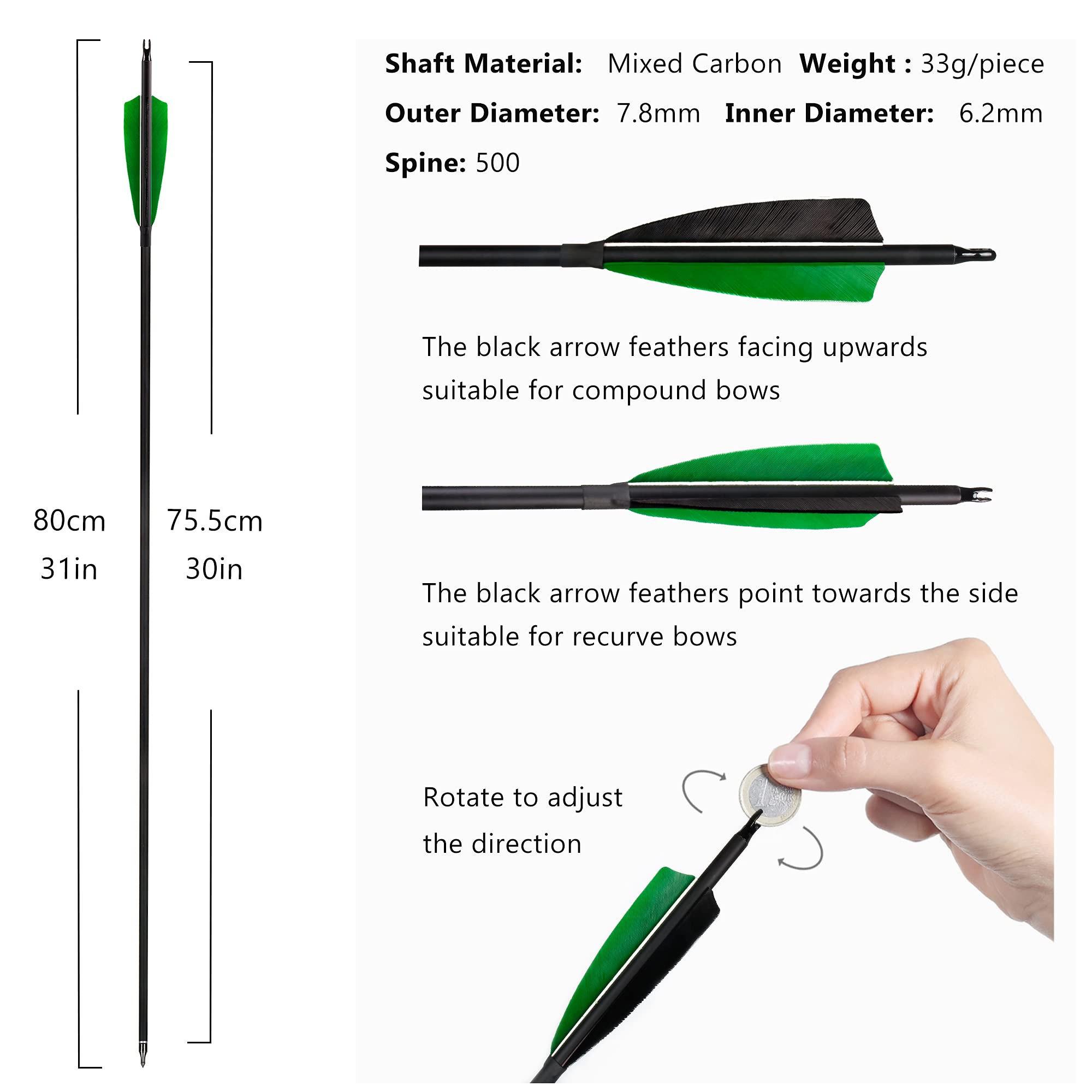 The7boX Feather Arrow Carbon 31" Fiber Arrow with 4" Real Turkey ...