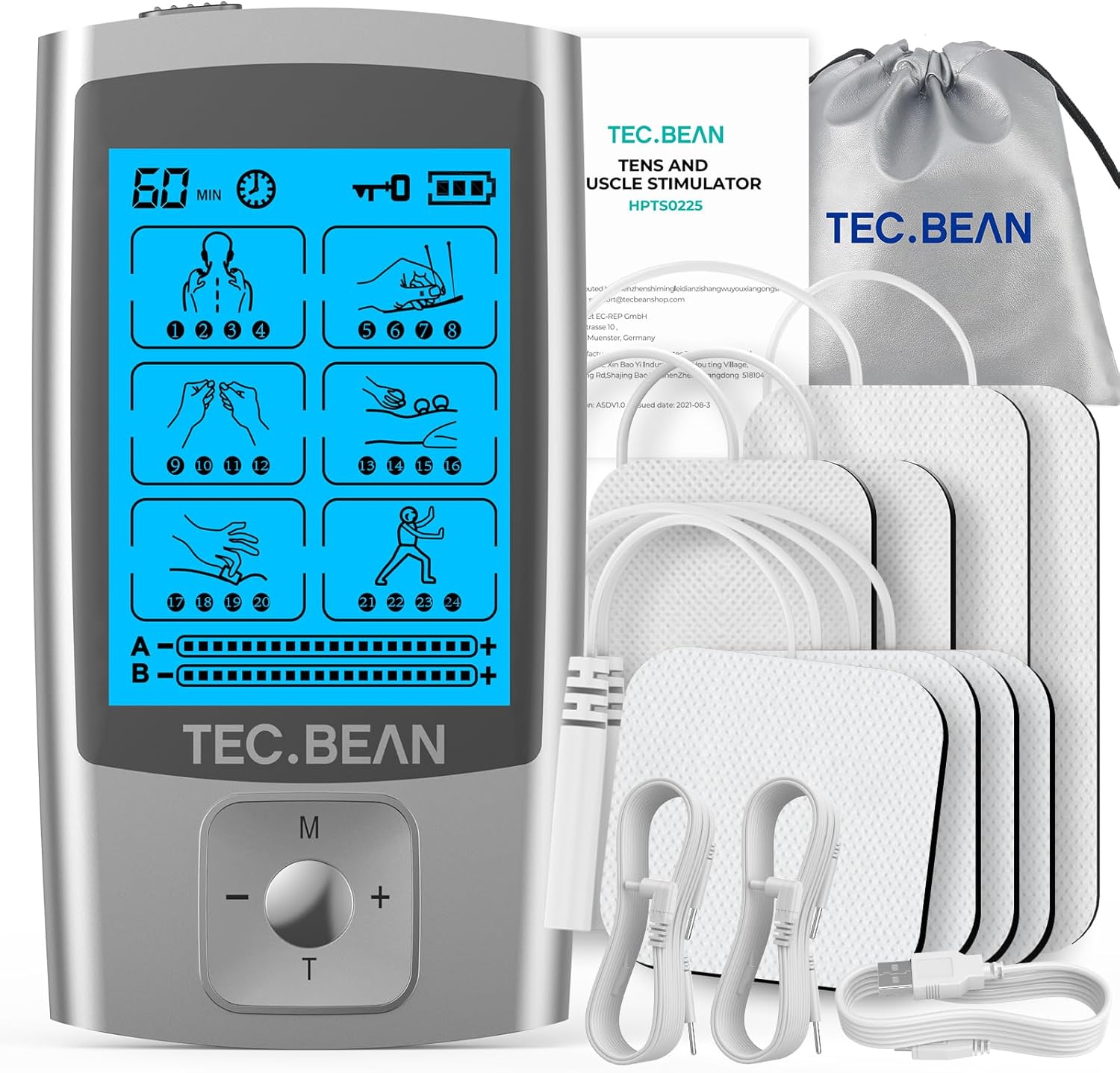 TEC.BEAN Dual Channel TENS Machine for Pain Relief, TENS Unit Muscle ...