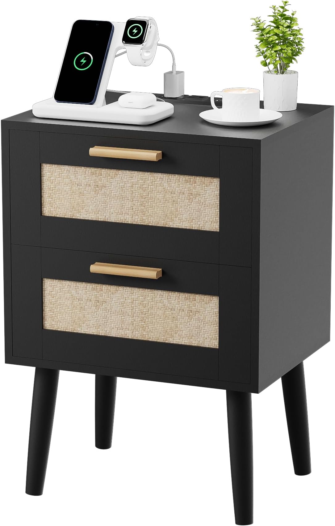 Amazon.com: Koifuxii Black Nightstand with Rattan Drawer - Boho Night ...
