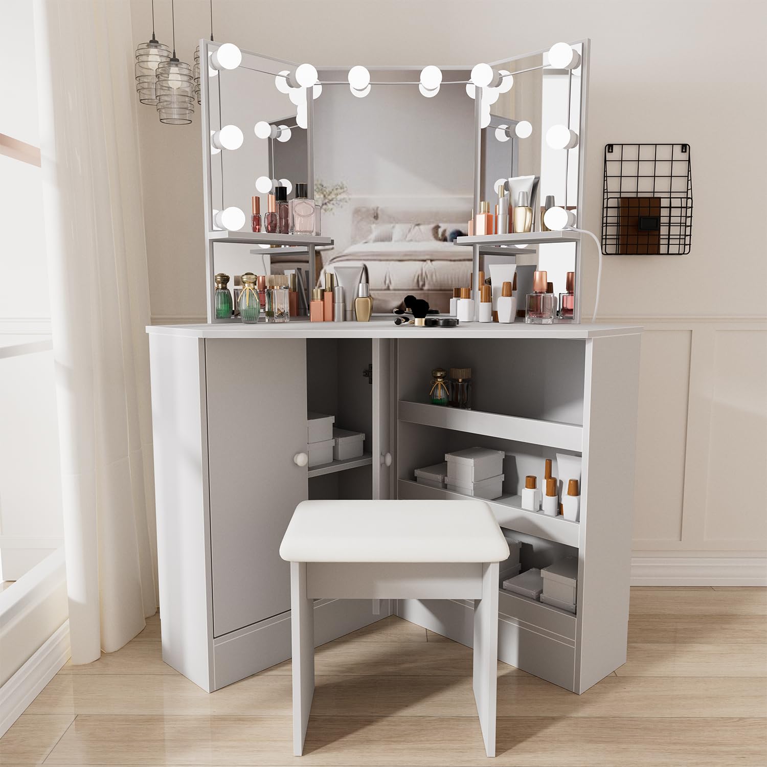 MSUTREE Coiffeuse d'angle avec grand miroir HD éclairé - Table de ...