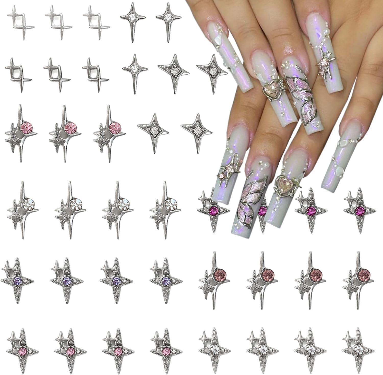 Amazon.com: 45Pcs Silver Star Nail Charms for Nail Art 3D Alloy Crystal ...