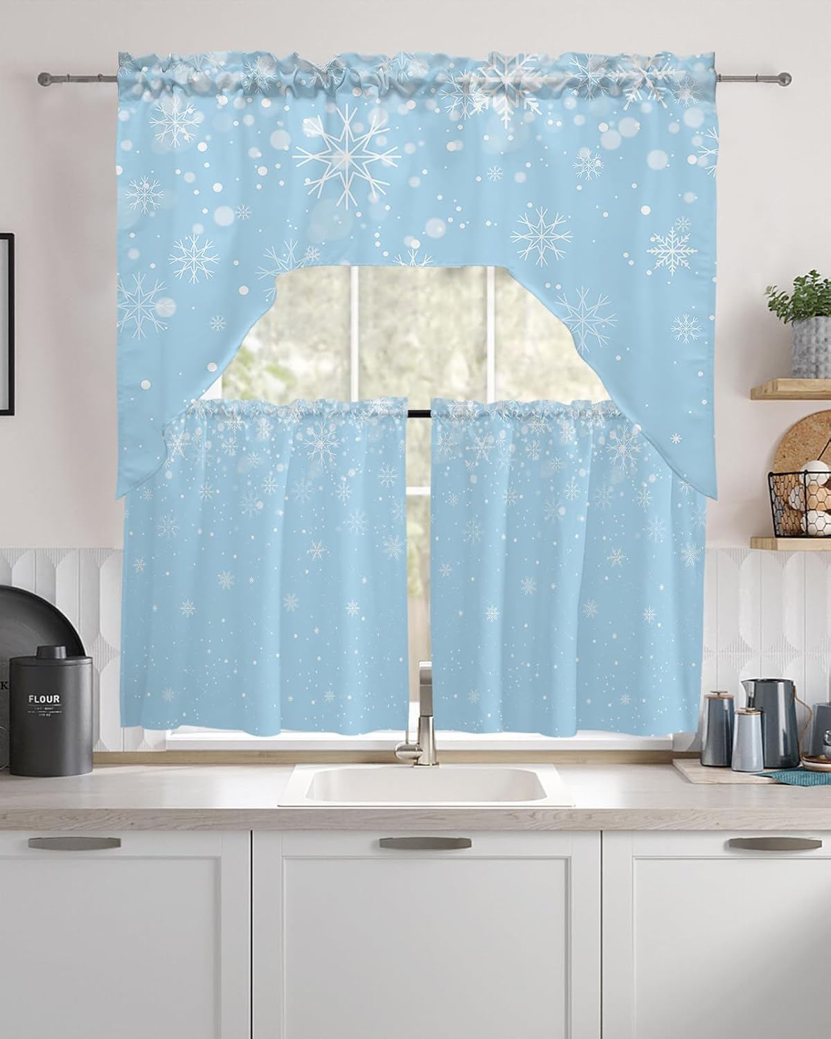 Amazon.com: Christmas Snowflake Swag Kitchen Curtain Sets with Valance ...