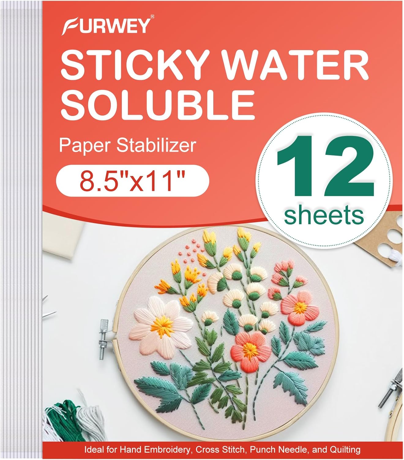 FURWEY 12PCS 8.5"x11" Sticky Water Soluble Embroidery Stabilizer ...