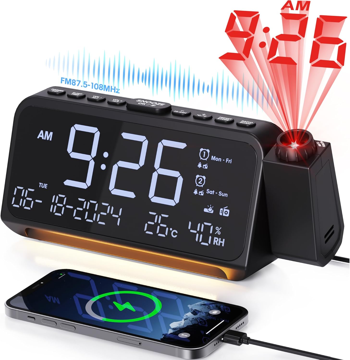 Mesqool Alarm Clock Radio with Projector, Digital FM Radio Clock with ...