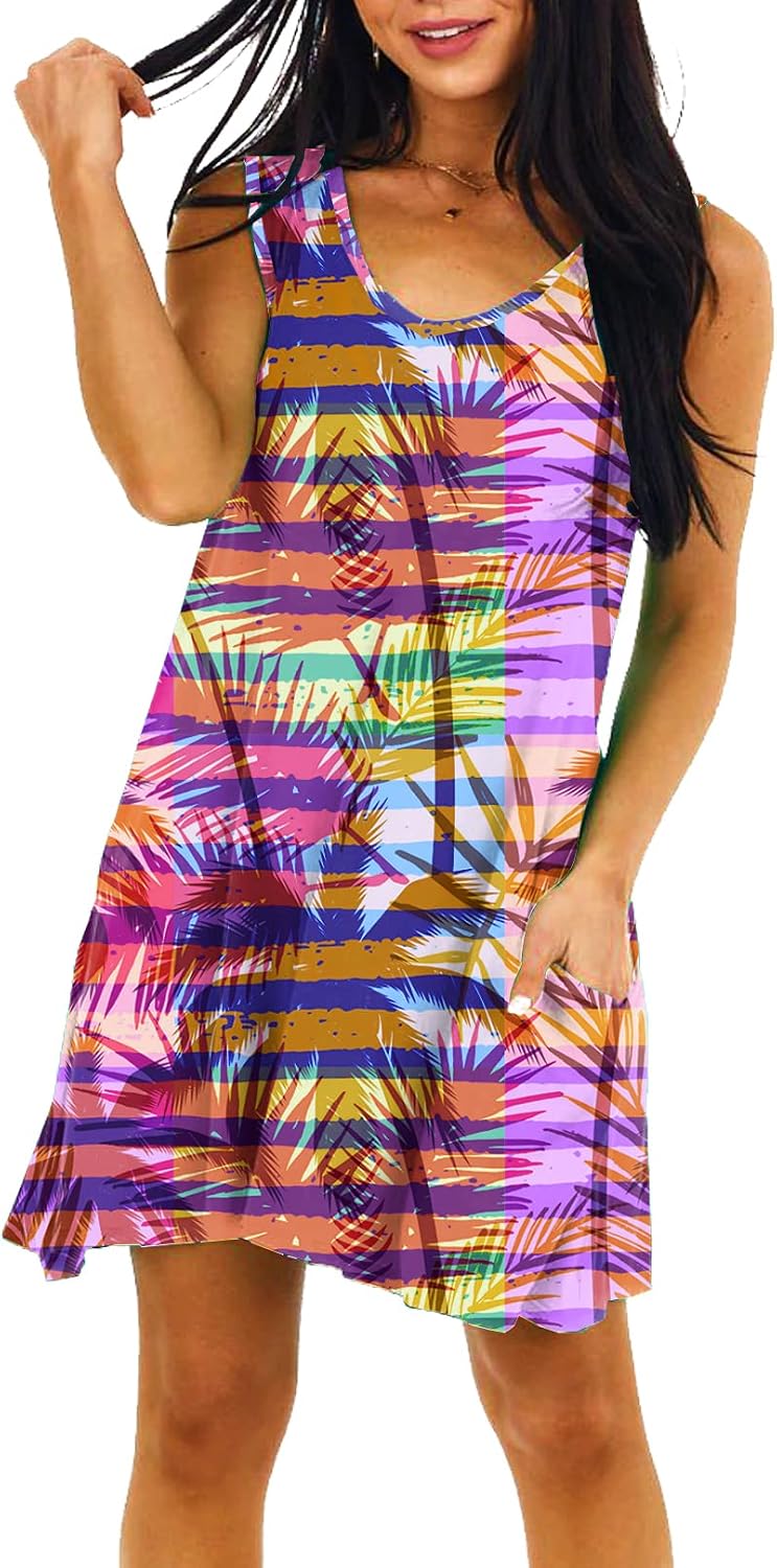 Women Floral Tank Dress Summer Sleeveless Beach A-Line Sundress with ...
