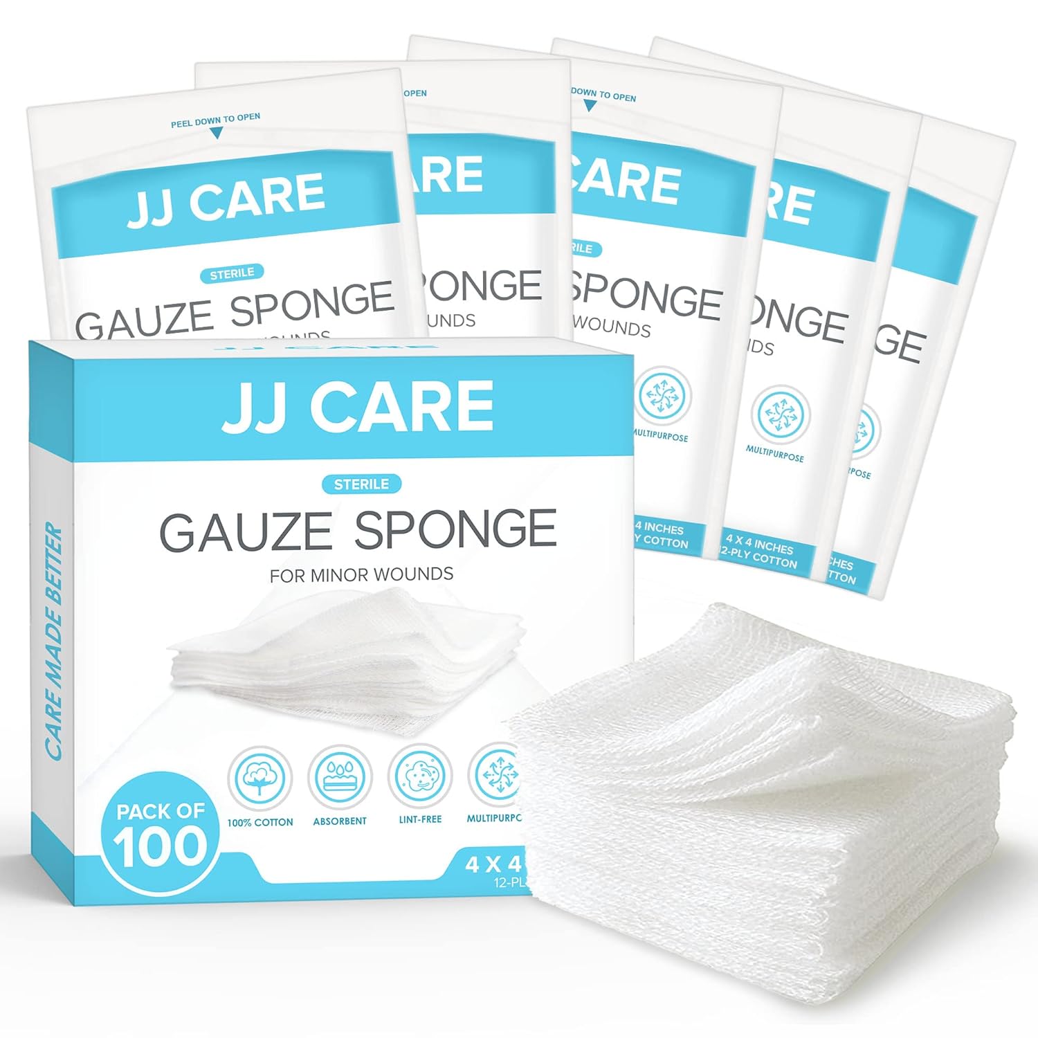 JJ CARE 4x4 Sterile Gauze Pads [Box of 100] 12-Ply Cotton Gauze Pads, Individually-Wrapped ...