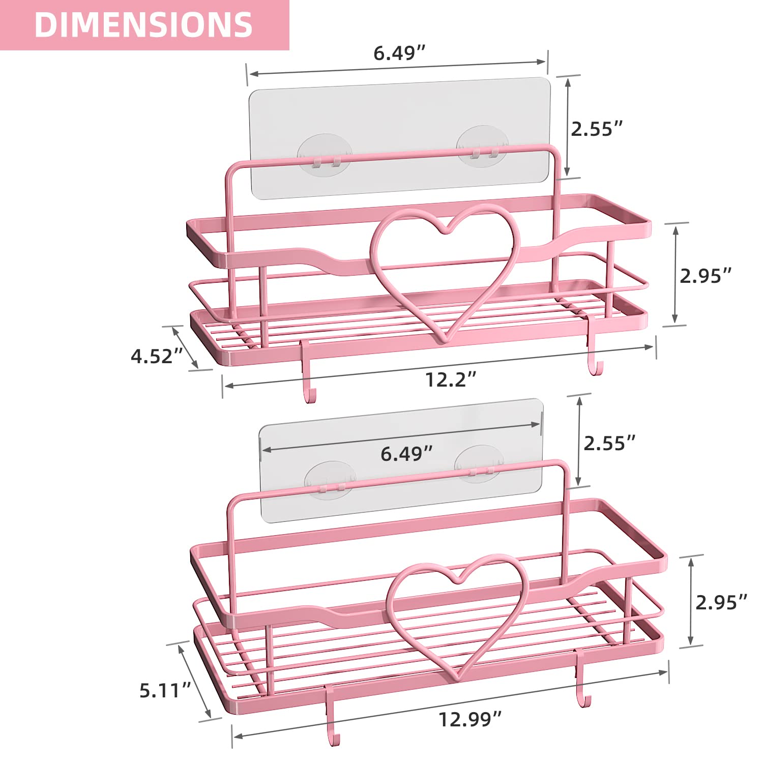FLCITY Sweet Heart Shower Caddy with 4 Hooks, 2pcs No Drilling Self ...