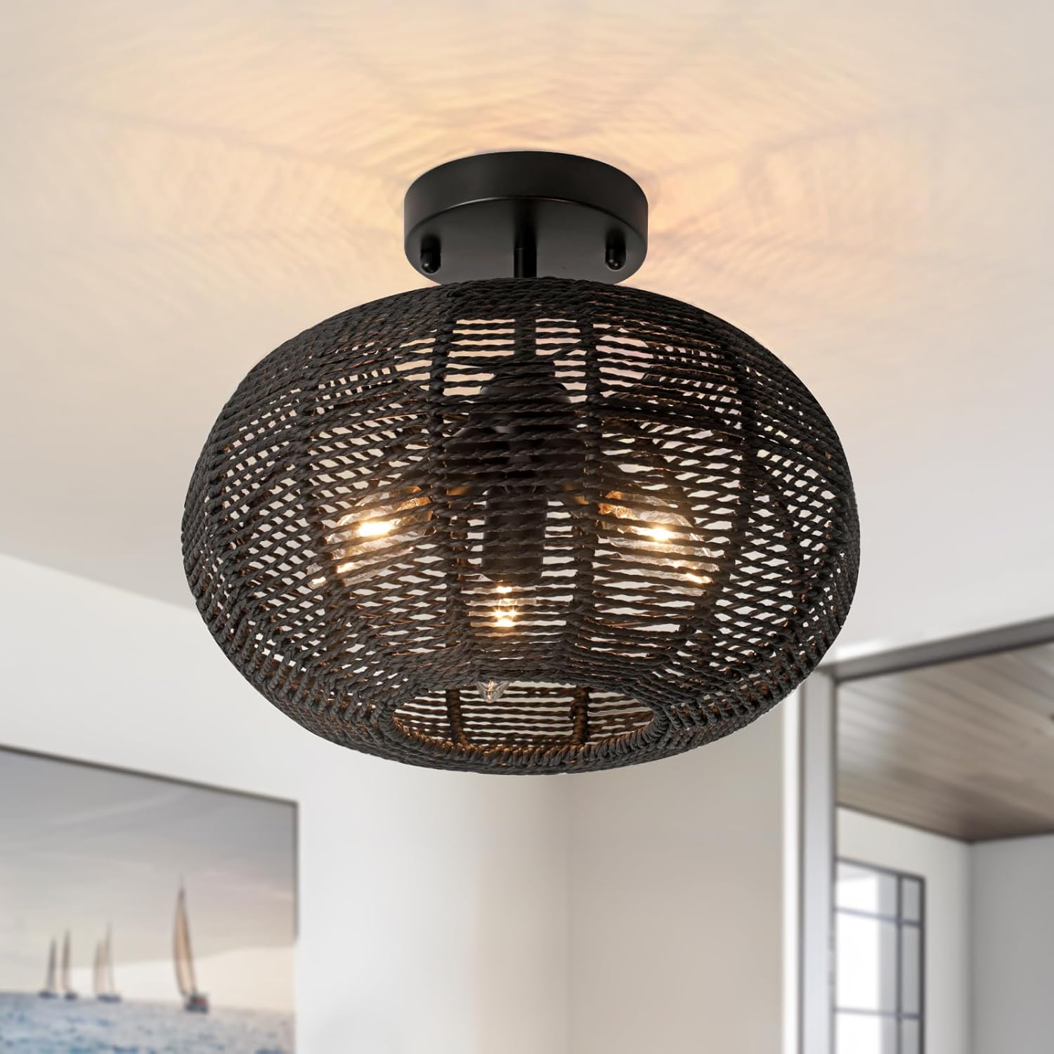 Boho Ceiling Light Fixture,3-Light Rattan Flush Mount Ceiling Light ...
