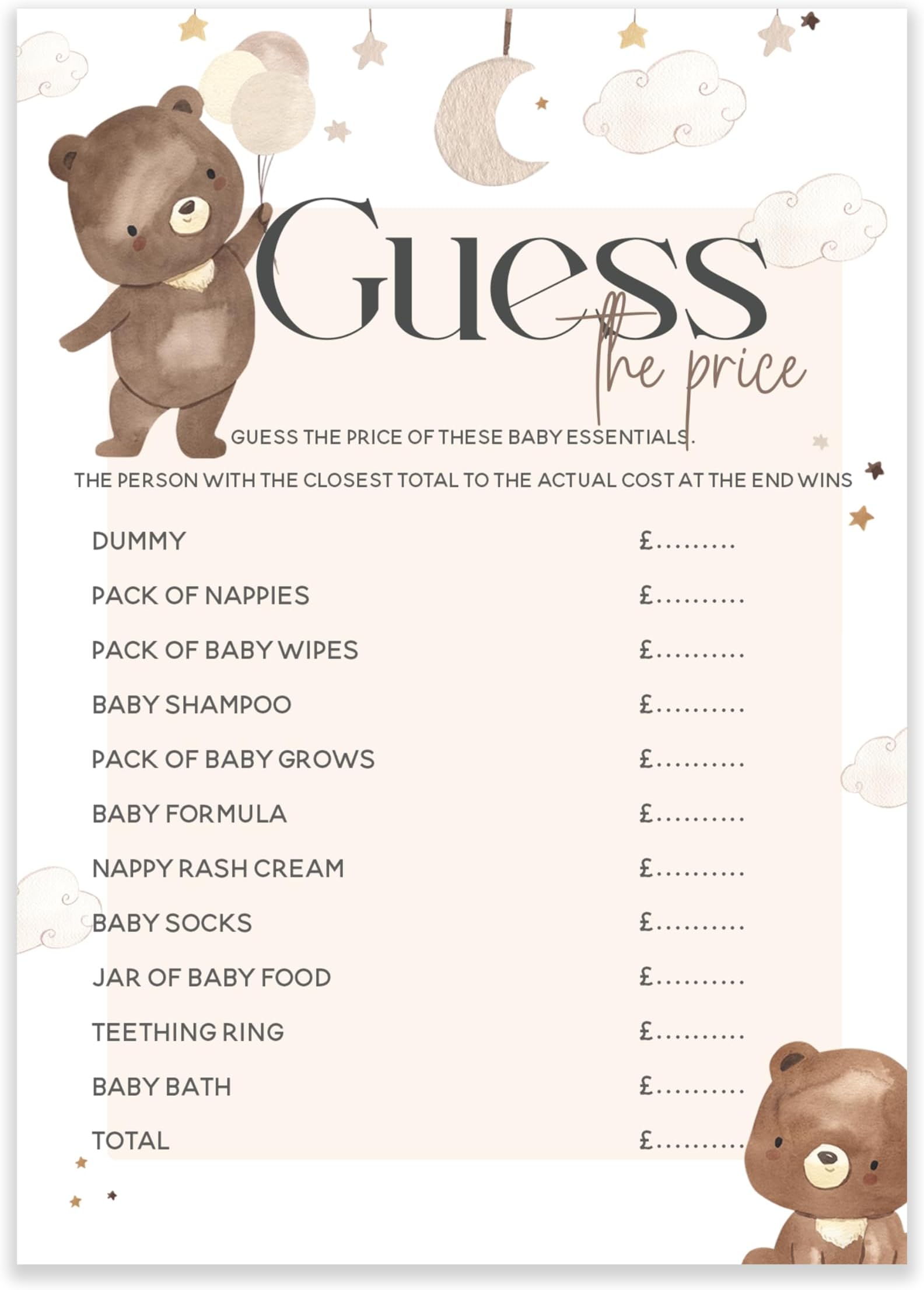 Bear Theme Baby Shower Games - Pack of 20 Cute Bear Whats The Price Cards Boy Girl Baby Shower ...