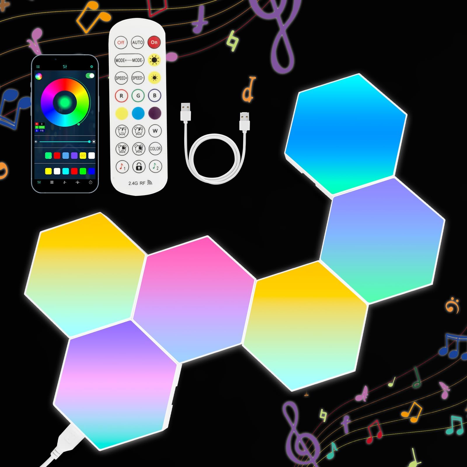 Hspecialnx 6 Pack Hexagon Wall Lights RGB Panel - Music Sync Hexagon ...
