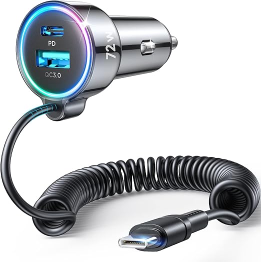 Amazon.com: USB C 72W Car Charger for iPhone 17/16 Pro Max, PD & QC3.0 w/5 ft 36W Type C Coiled ...