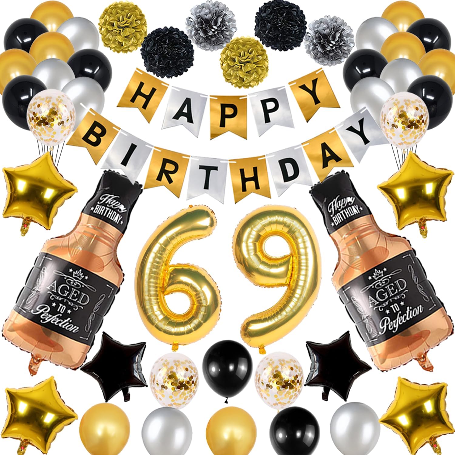 Amazon.com: NANINUNENO 69th Gold Birthday Decorations, Gold Black ...