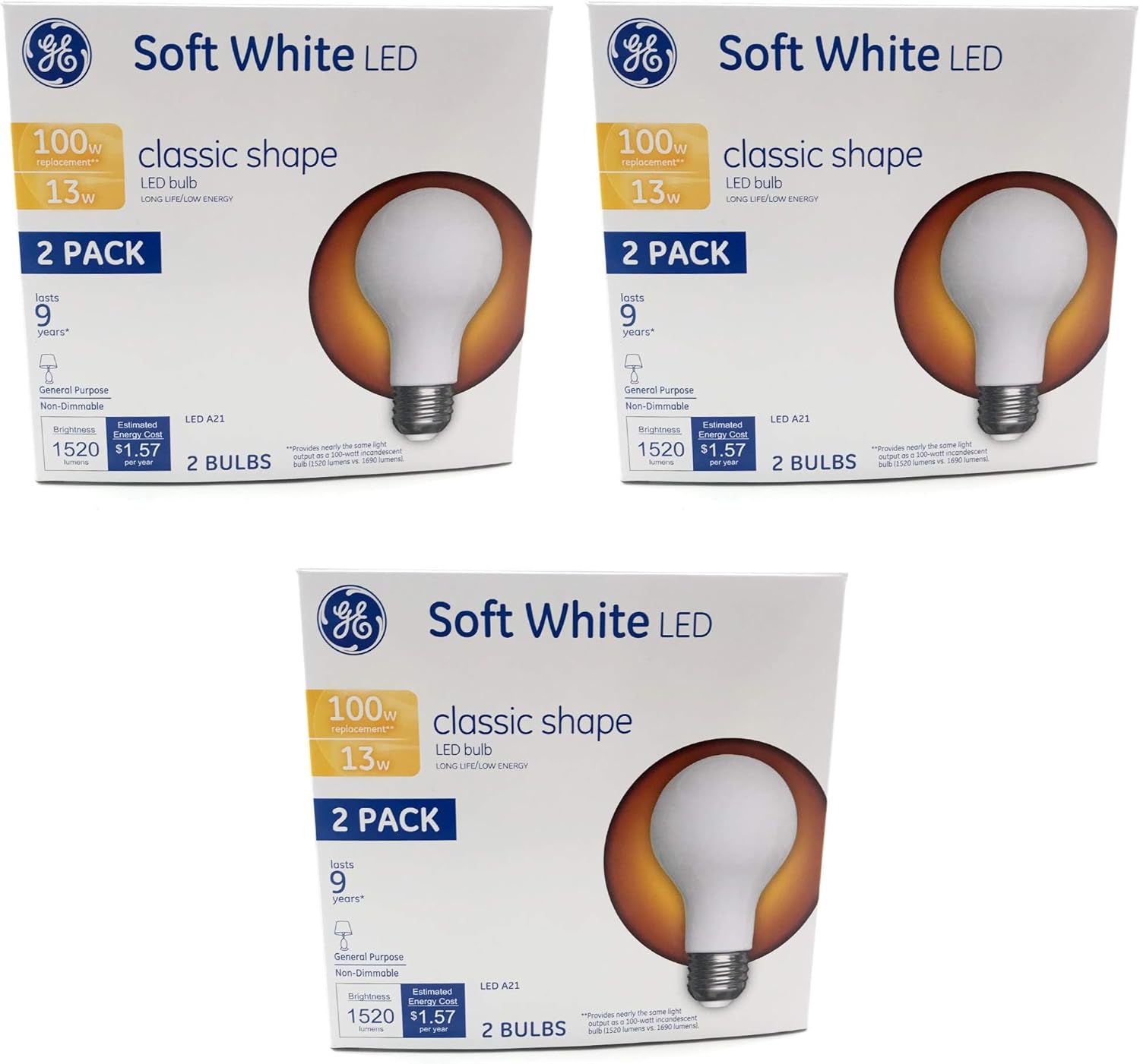 GE (6 Bulbs) 31185 Soft White LED A21, 13 watts, 1520 lumens, 100 watt ...