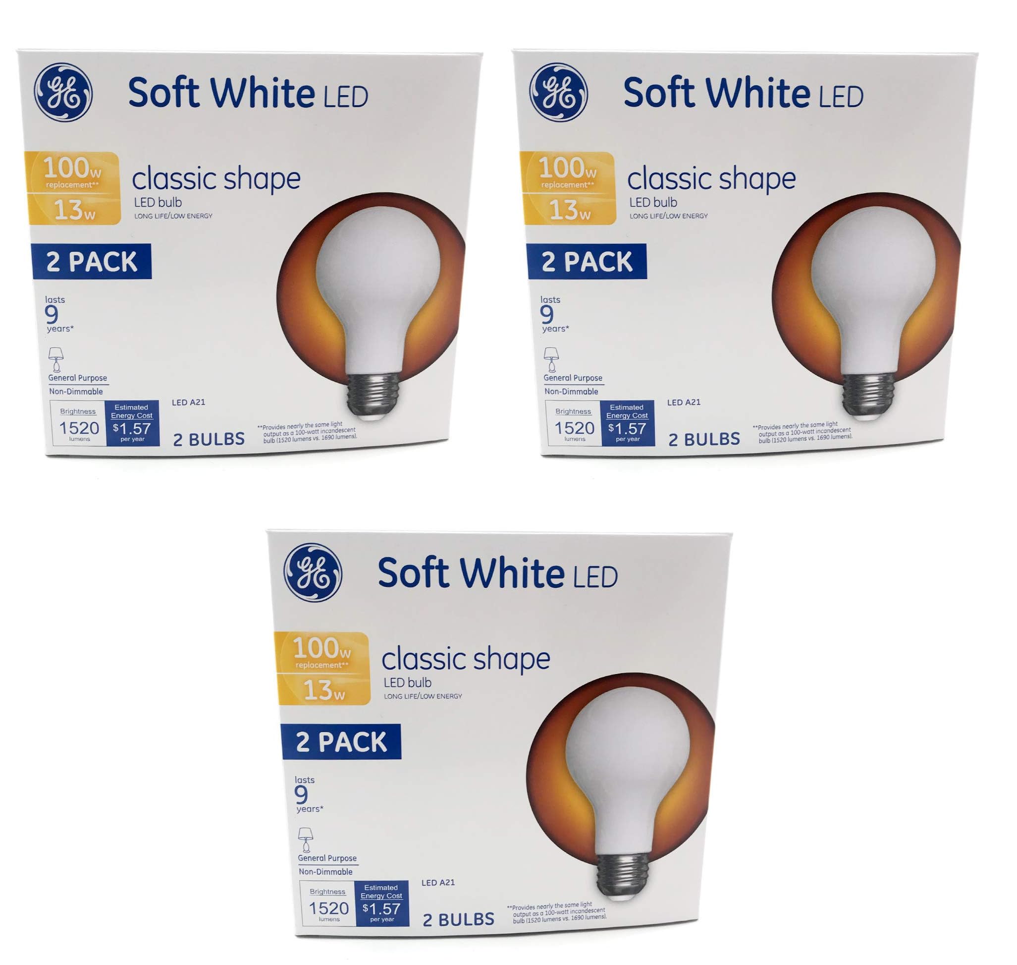 (6 bulbs) GE 31185 Soft White LED A21, 13 watts, 1520 lumens, 100 watt ...