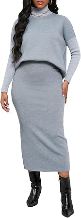 VERWIN Women 2 Piece Sweater Set Knit Turtle Neck Long Sleeve Bodycon ...