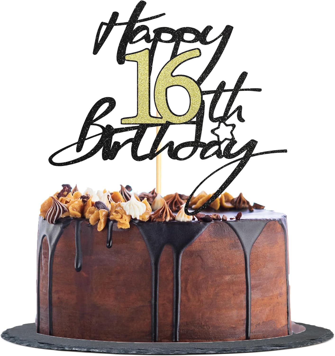 Amazon.com: Sotpot 1 Pack 16th Cake Topper, Black&Gold Glitter 16th ...