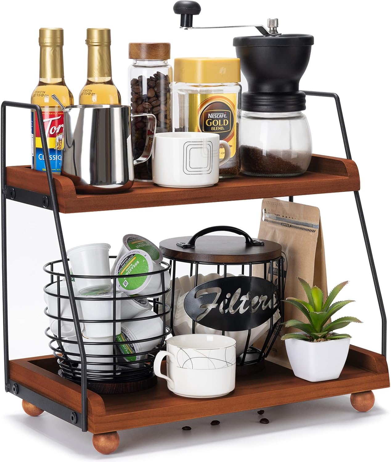 Youngcafe 2 Tier Coffee Bar Organizer, Wooden Coffee Station ...