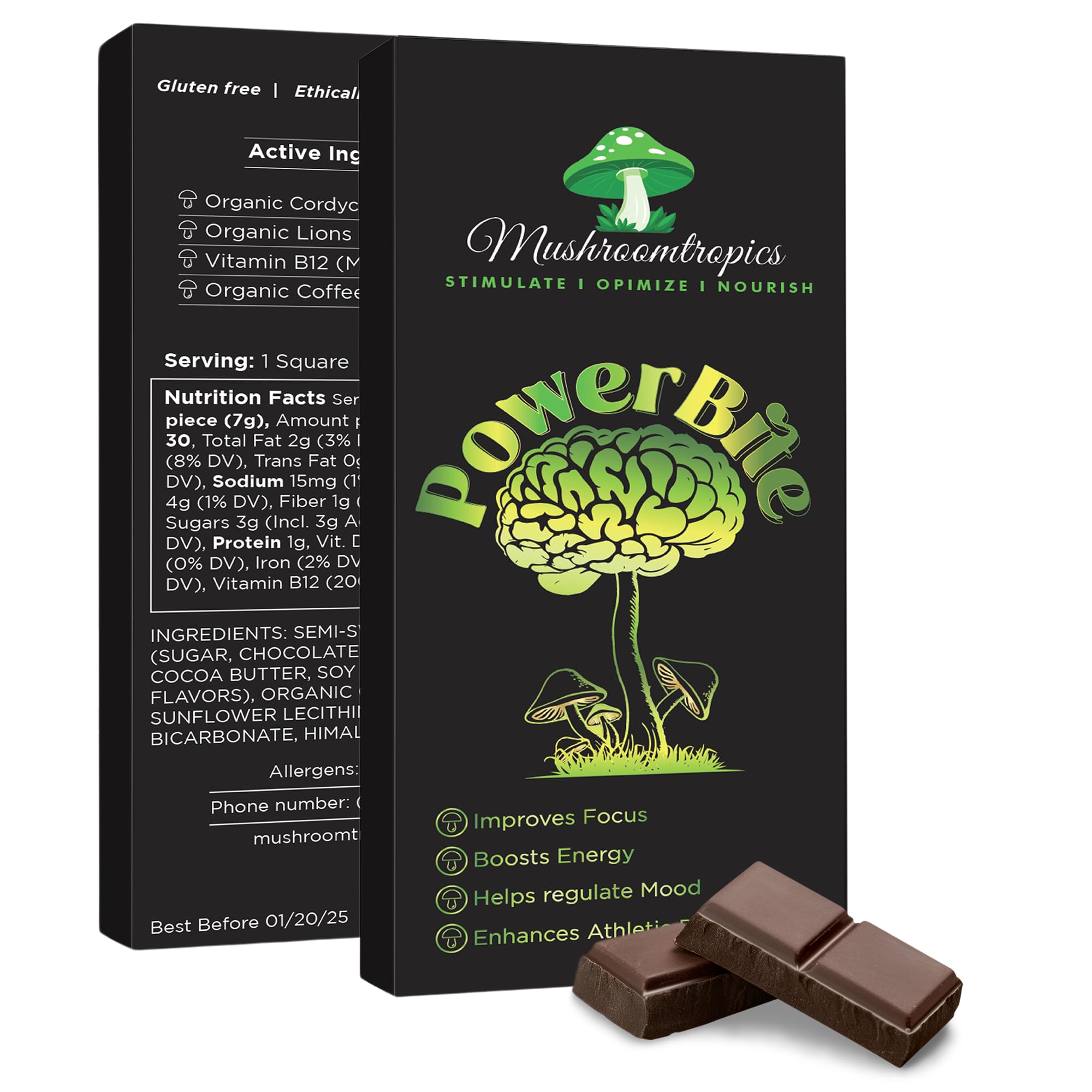 Amazon.com : Mushroomtropics PowerBite Adaptogen Mushroom Chocolate Bar ...