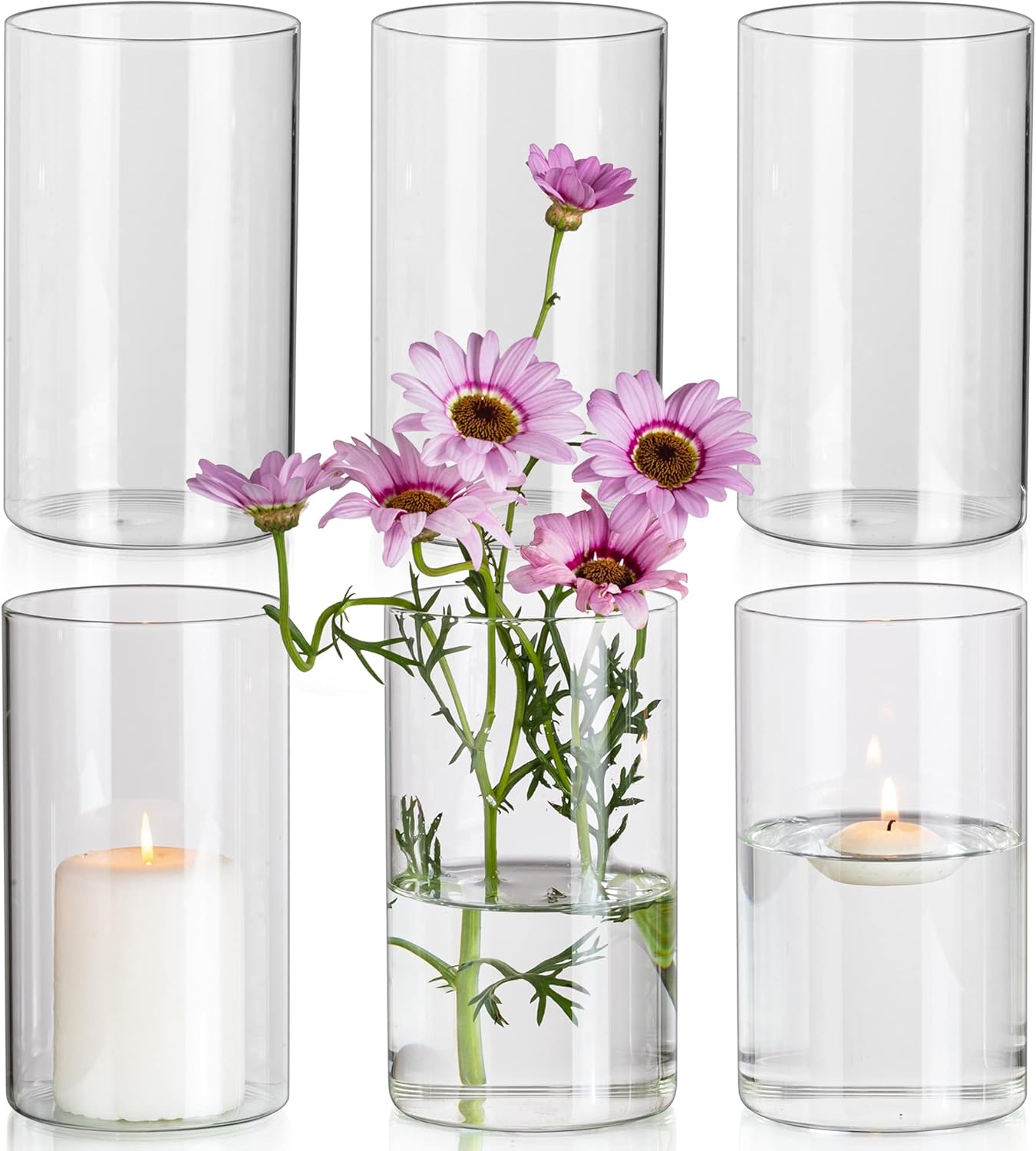 Glasseam Cylinder Vases for Centerpieces, Set of 6 Clear Glass Vases ...