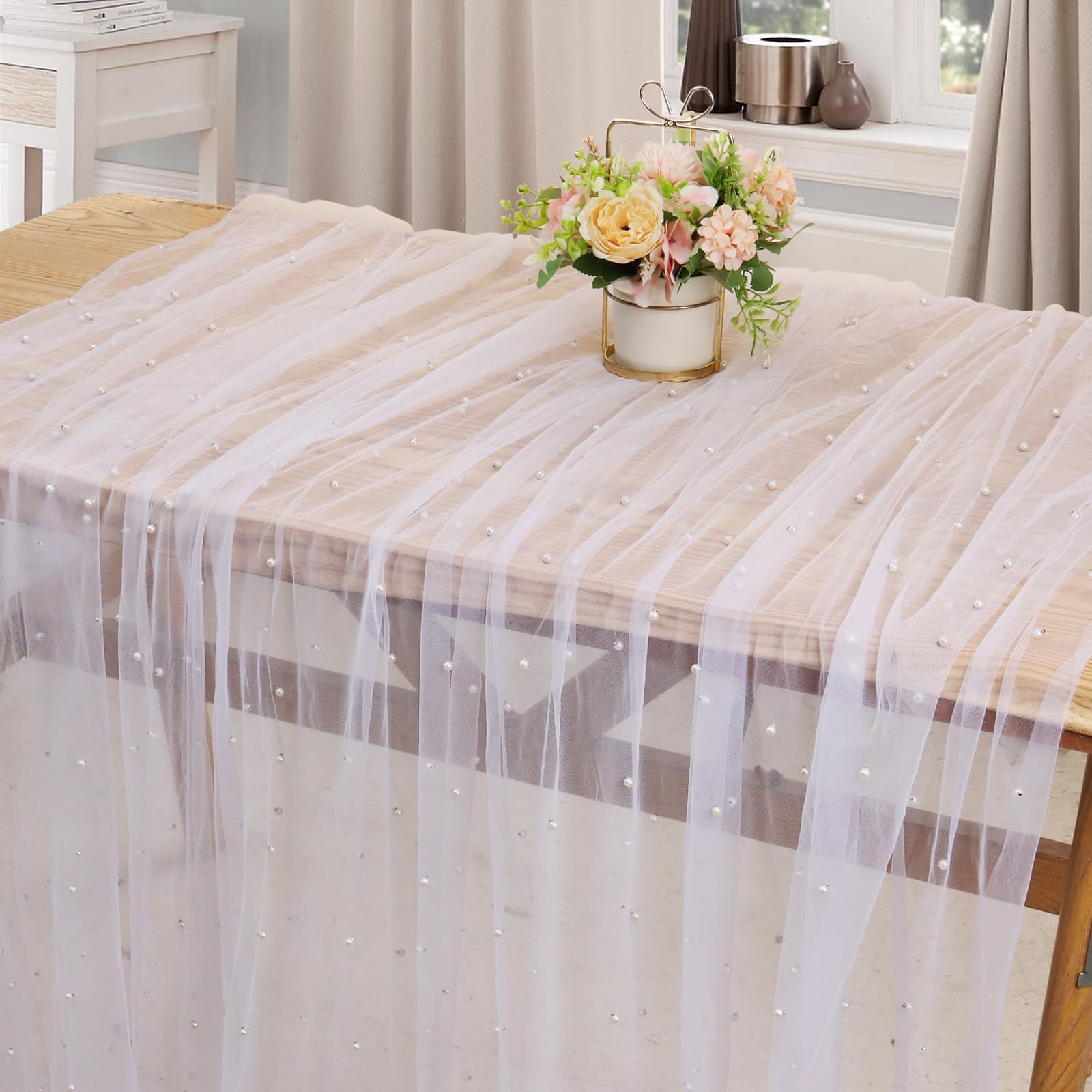 Amazon.com: LuoluoHouse White Pearl Tulle Tablecloth: 10ft Flower Pearl ...